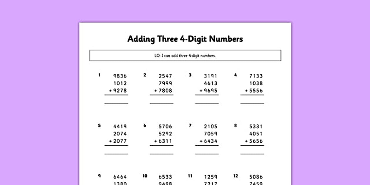 Adding Three 4 Digit Numbers (teacher made) - Twinkl