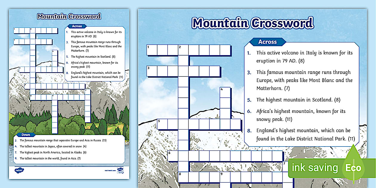 Mountains Crossword (Teacher-Made) - Twinkl