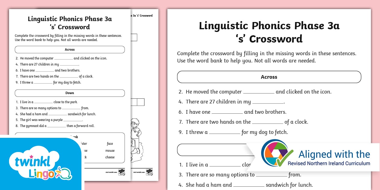 Linguistic Phonics Phase 3a 's' Crossword - Twinkl