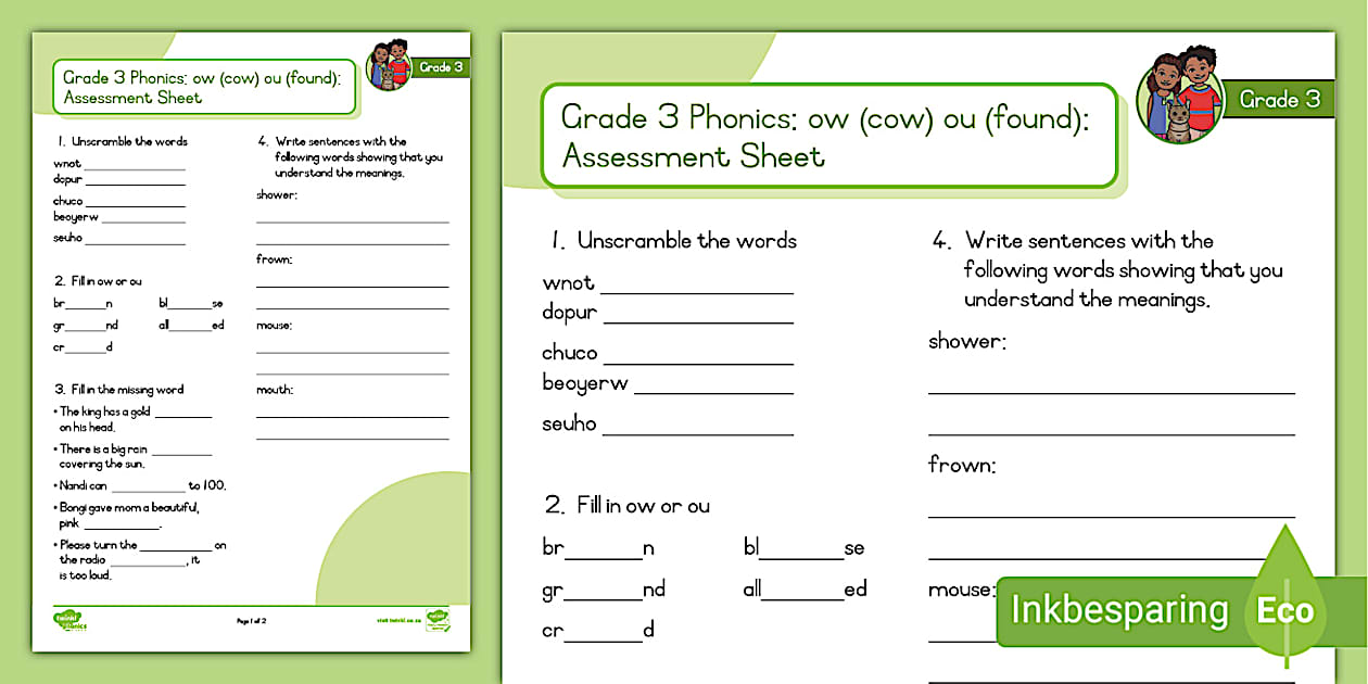 Grade 3 Phonics ow (cow) ou (found): Assessment Sheet