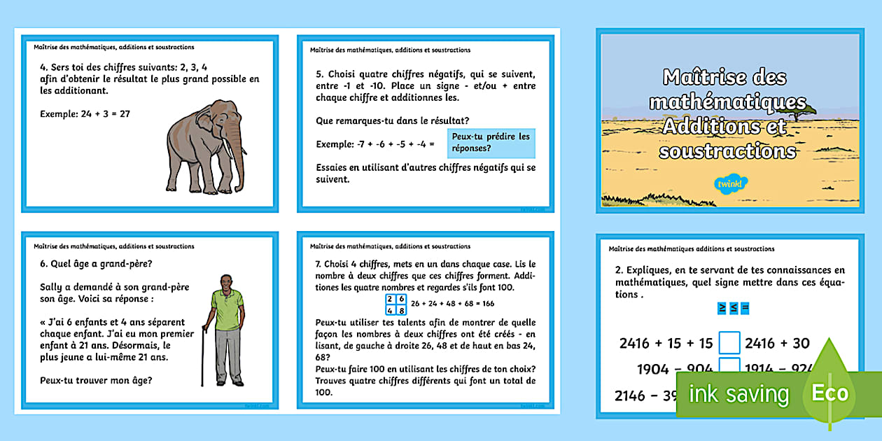 Cartes de défis : Maîtrise des mathématiques - Additions et soustractions