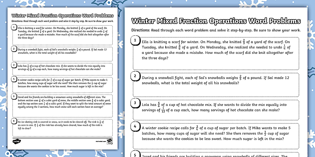 Seventh Grade Winter Mixed Fraction Operations Word Problems