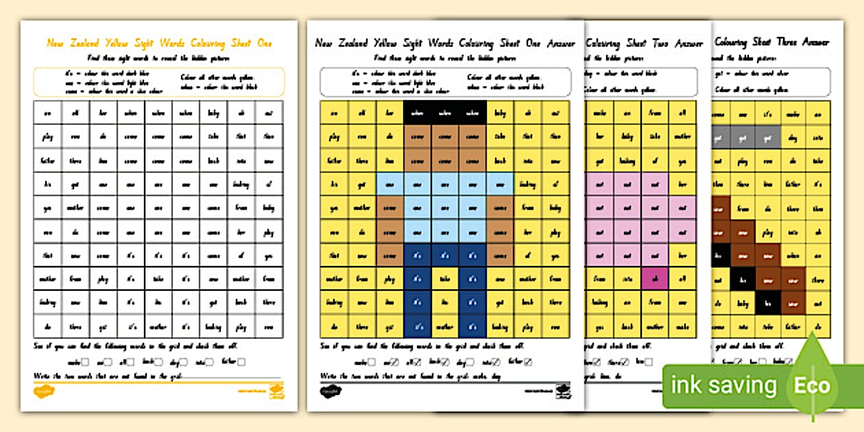 New Zealand Yellow Sight Words Mosaic Colouring Sheets
