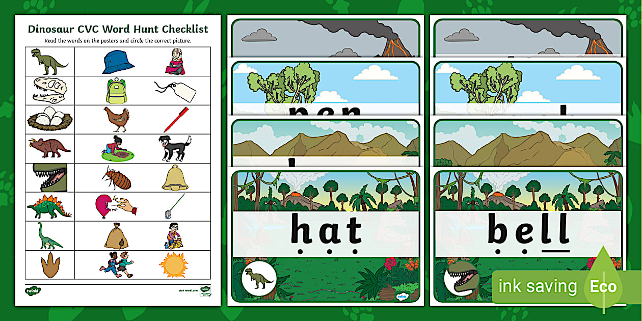 Dinosaurs CVC Word Hunt (l'enseignant a fait) - Twinkl