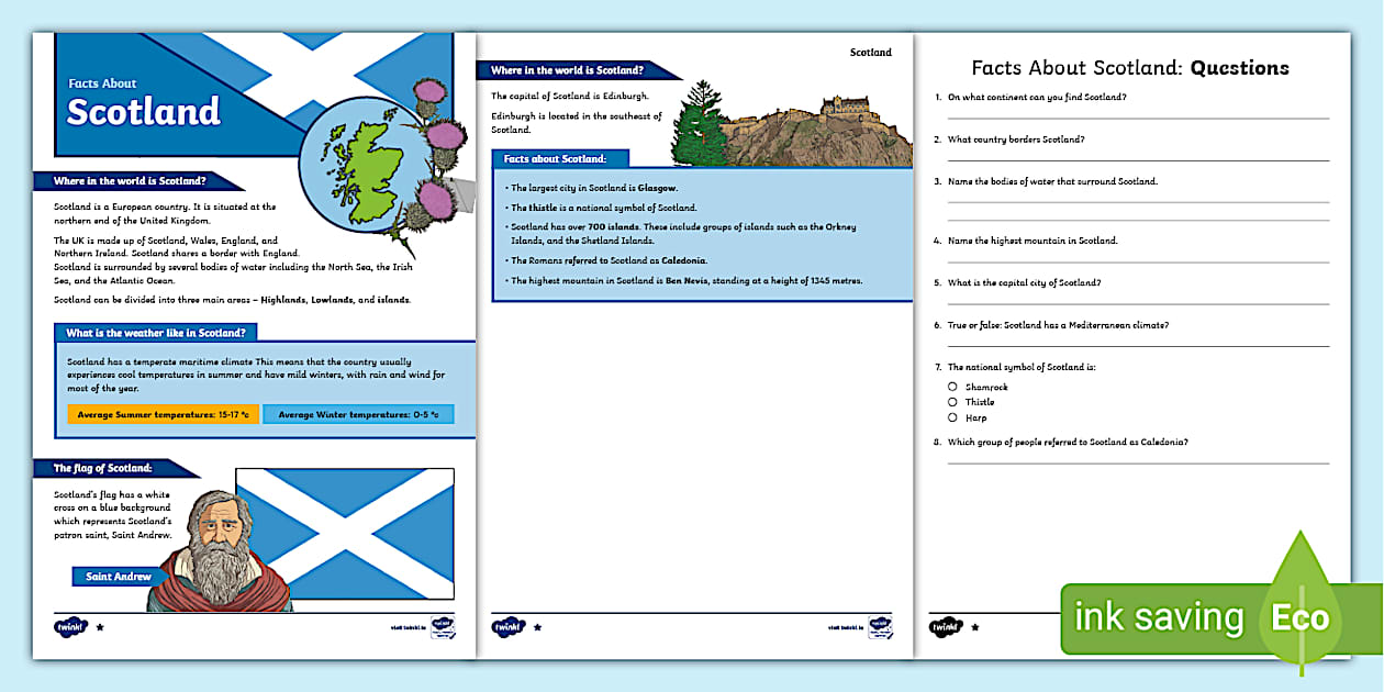 Facts About Scotland Reading Comprehension Activity - Twinkl