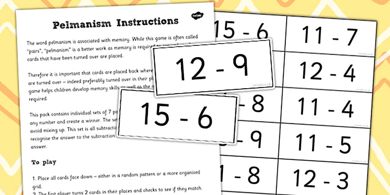 Pelmanism Subtraction Facts Game 11 to 19 (teacher made)