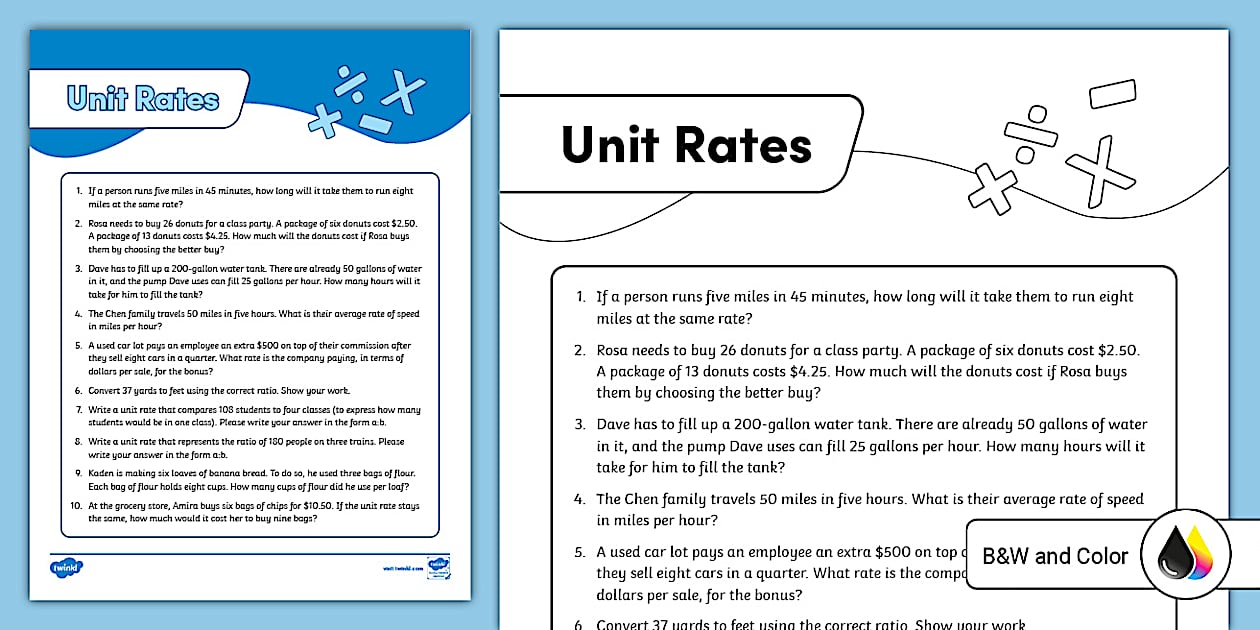 Seventh Grade Unit Rates Worksheet - Twinkl