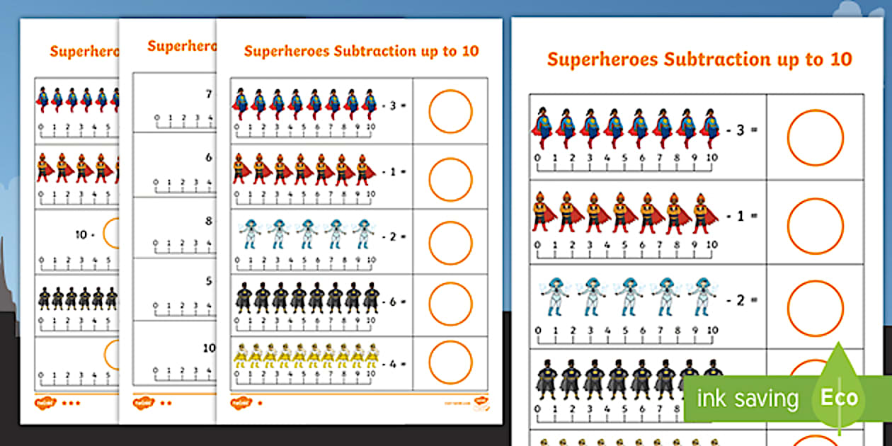 Superhero Themed Subtraction Worksheet (teacher made)