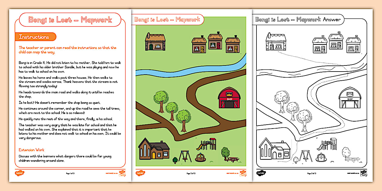 Grade 1- Picture Maps - Worksheet: Bongi is Lost