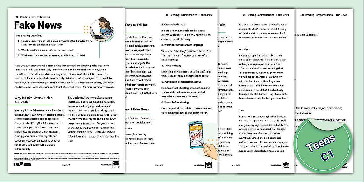 Fake News ESL Reading Comprehension for Teens (Teacher-Made)