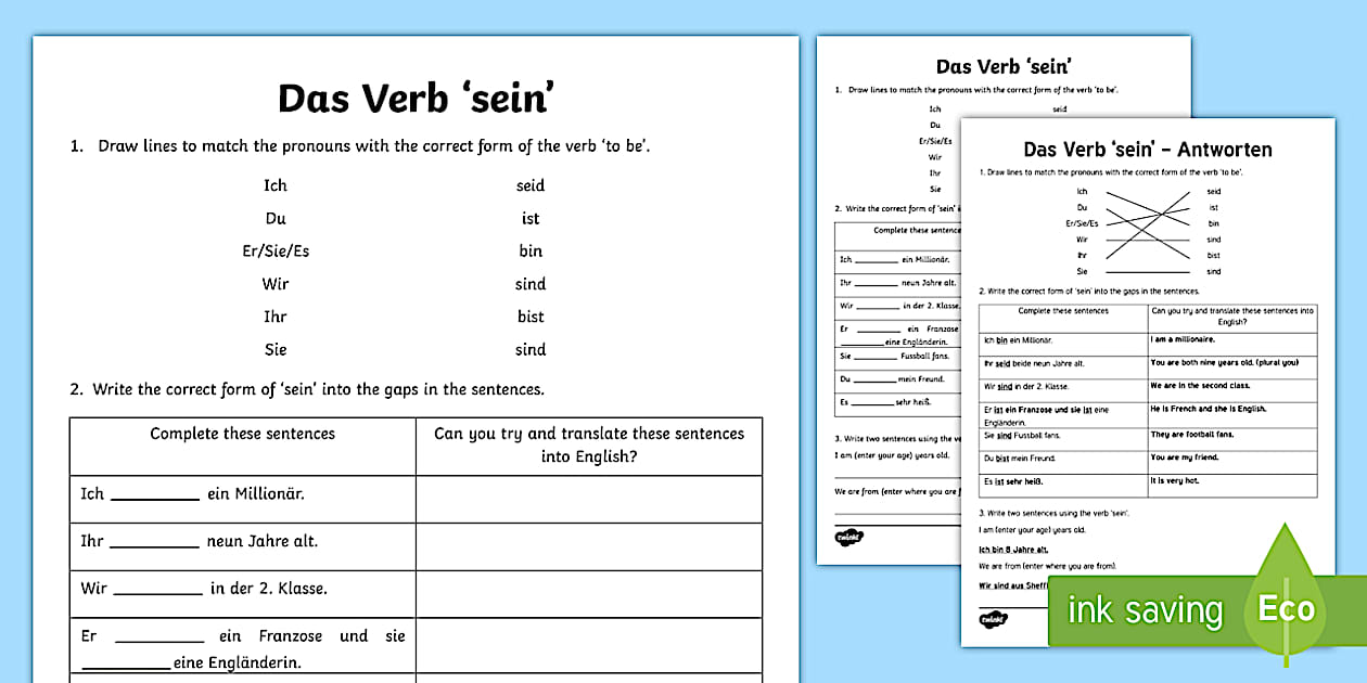 Verb 'To Be' Conjugation Worksheet / Worksheet German