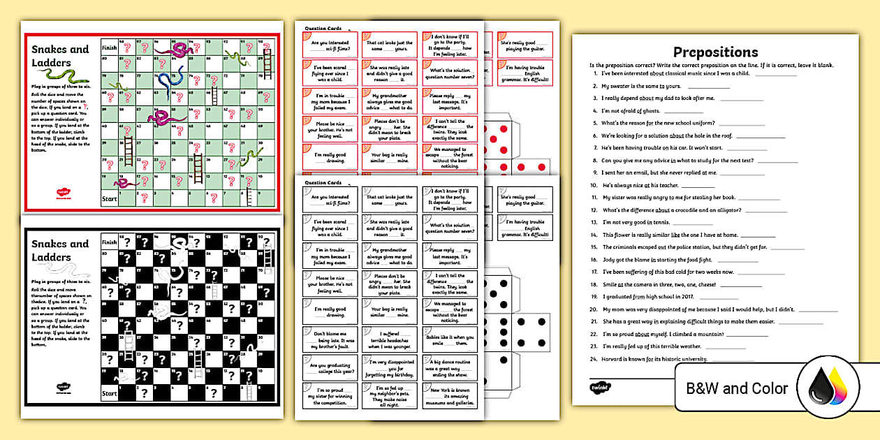 Prepositions Snakes and Ladders Game for 3rd-5th Grade