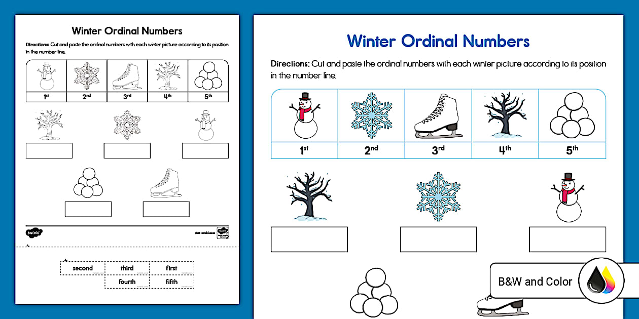Kindergarten Winter Ordinal Numbers Cut and Paste Activity