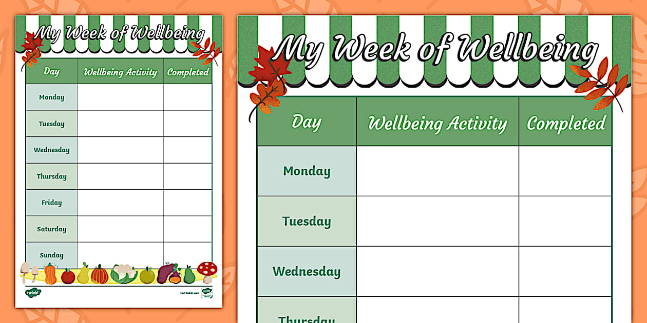 Autumn Market-Themed My Week of Wellbeing Worksheet - Twinkl