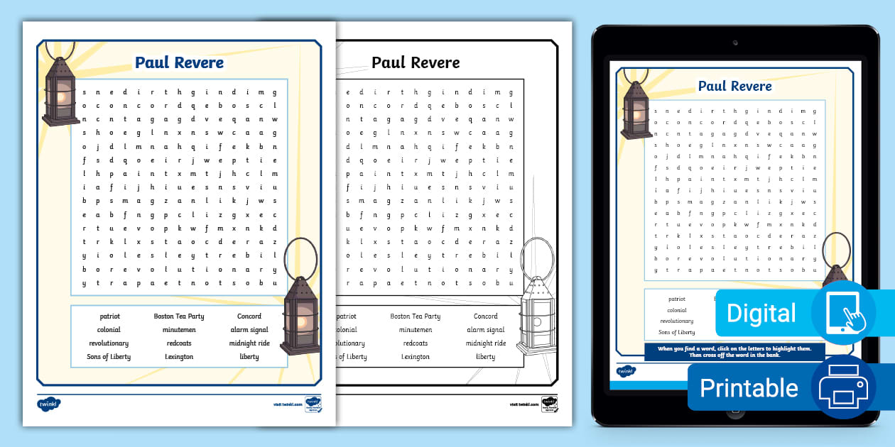 Paul Revere Word Search for 3rd-5th Grade