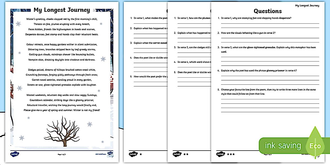 KS2 My Longest Journey Poem Differentiated Worksheet / Worksheet
