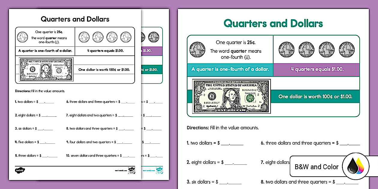Second Grade Quarters and Dollars Worksheet - Twinkl