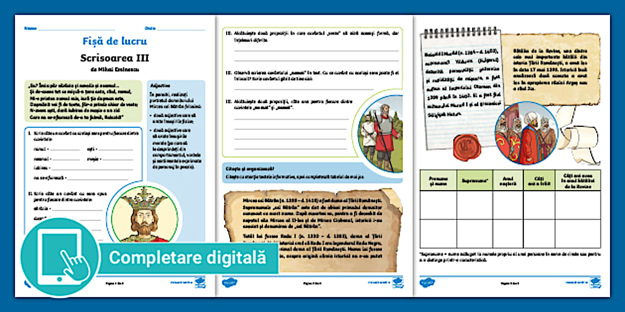 Scrisoarea a III-a, M. Eminescu Fișă cu completare digitală