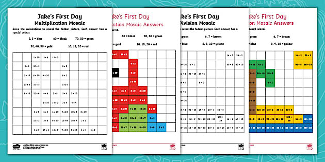 KS1 Jake's First Day 2, 5 and 10 Multiplication and Division Maths Mosaic
