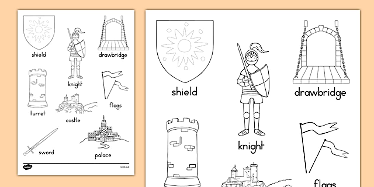 Castles and Knights Words Colouring Sheet