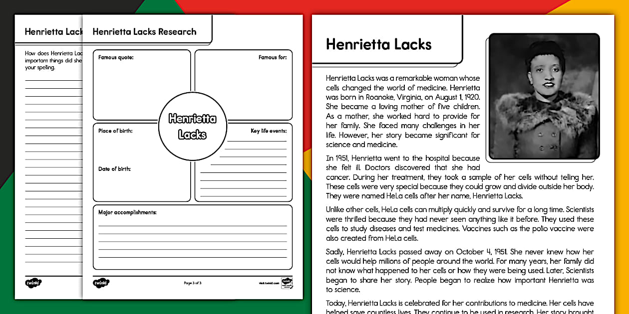 Henrietta Lacks Biography Passage and Worksheets for 3-5
