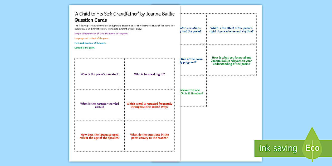 GCSE 'A Child To His Sick Grandfather' by Joanna Baillie Question Cards