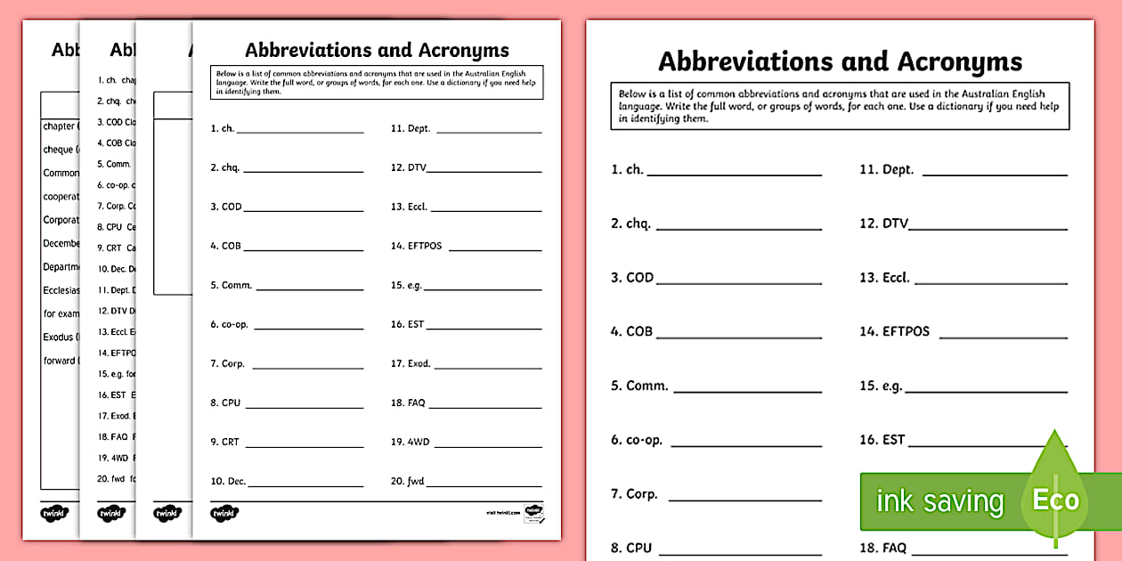 Abbreviations and Acronyms Set 2 Worksheet / Worksheet