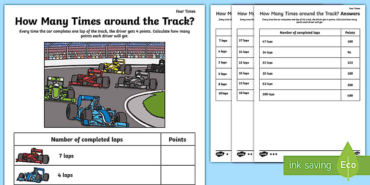 How Many Times around the Track Four Times Table Worksheet / Worksheet