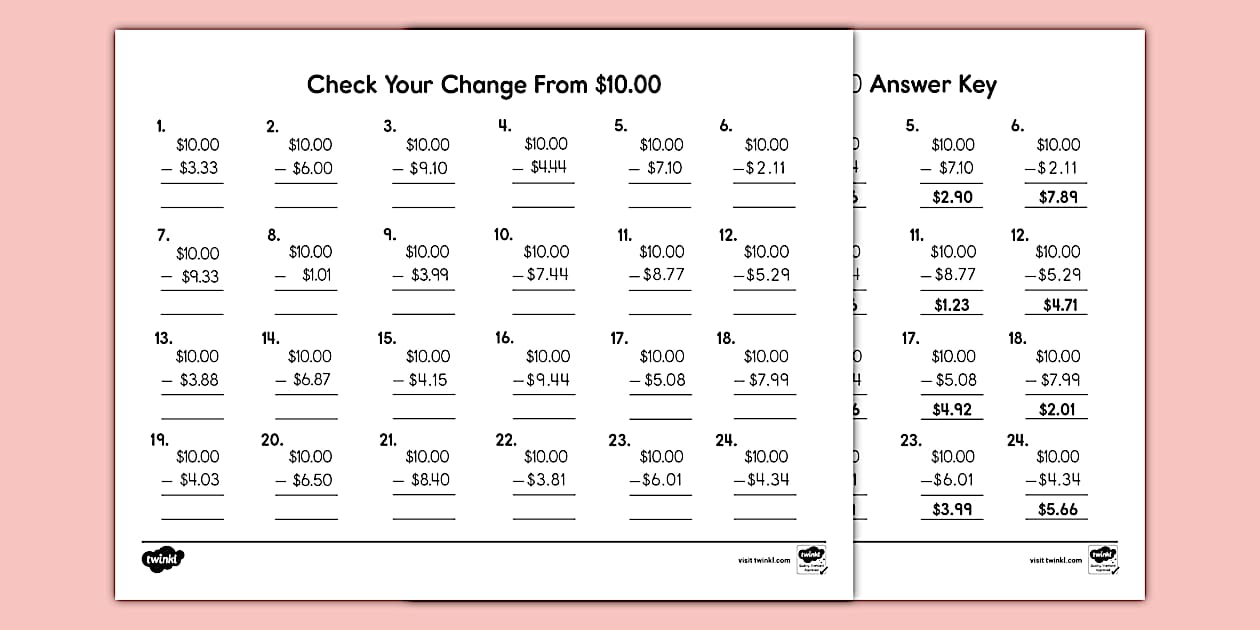 Check Your Change From $10.00 Activity Sheet (Teacher-Made)