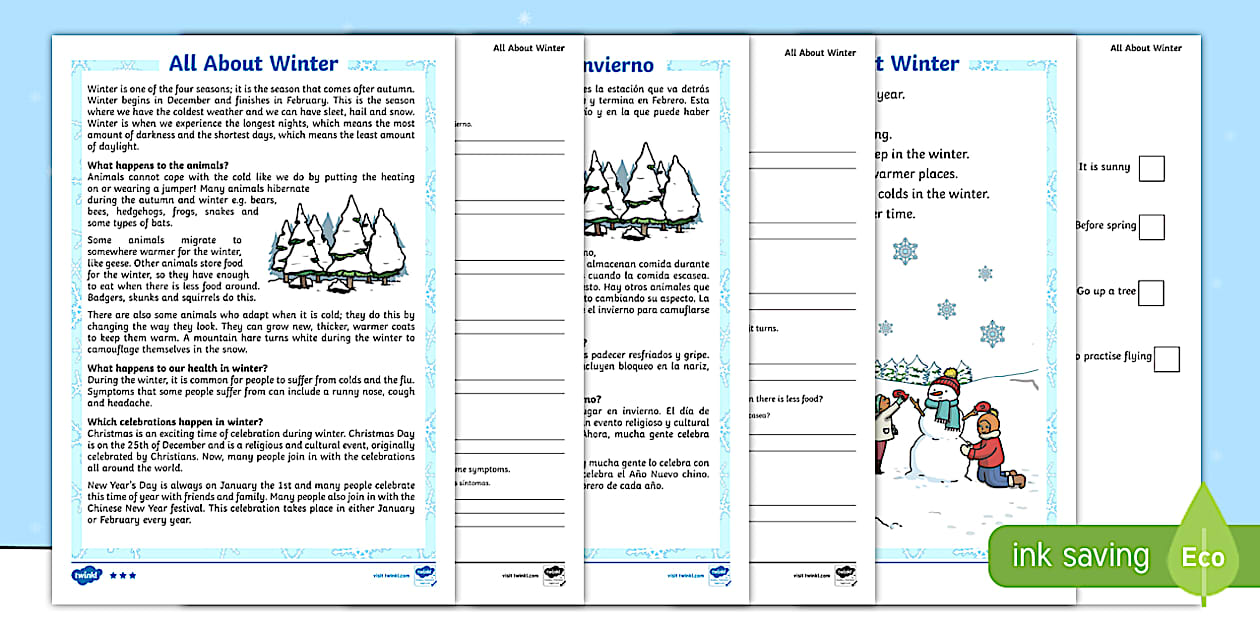 Winter Differentiated Reading Comprehension Activity English/Spanish