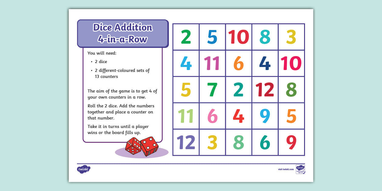 Editable Four-in-a-Row Dice Addition Game - Twinkl
