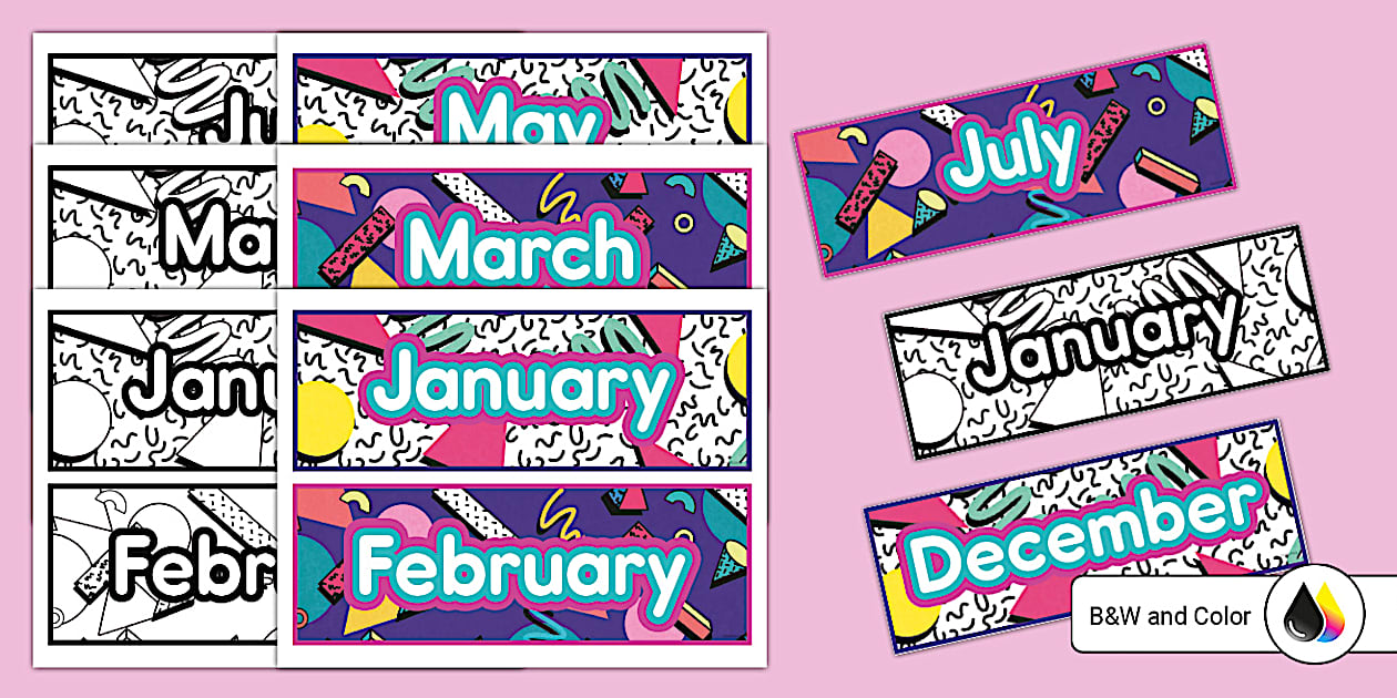 90s Theme Months of the Year Bulletin Board Labels - Twinkl
