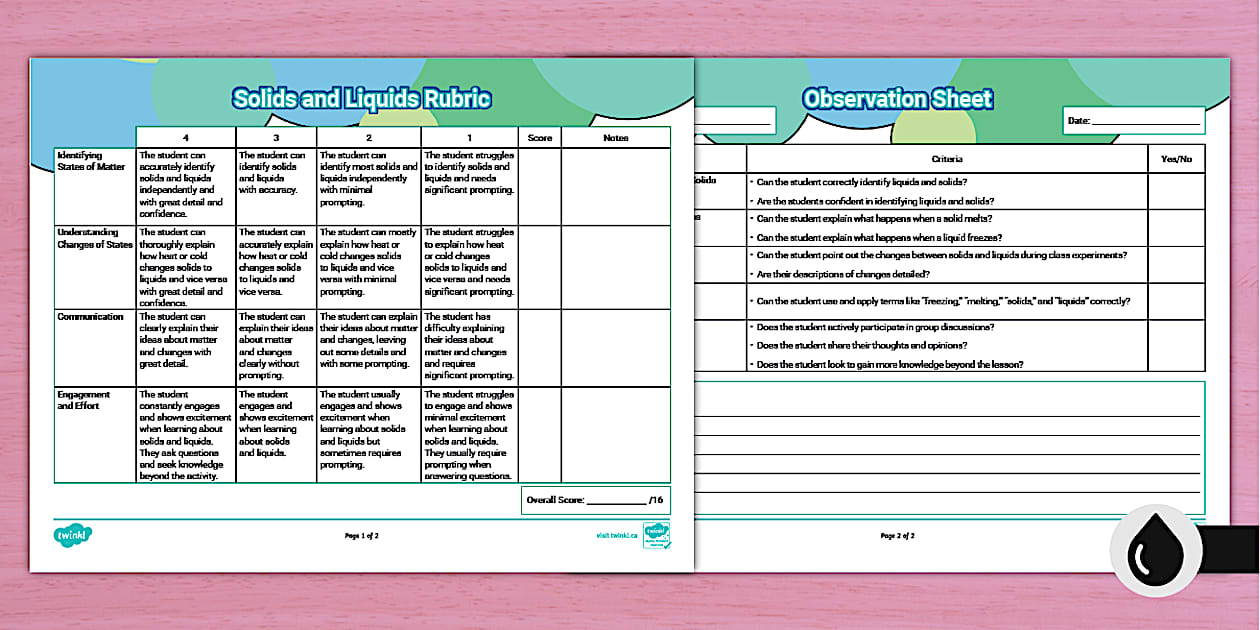Solids and Liquids Rubric and Observation Sheet - Twinkl