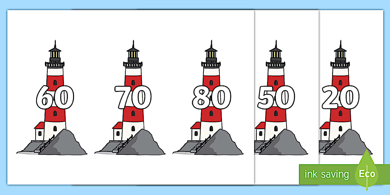 Editable Lighthouse-Themed Counting in 10s to 200 Display Numbers