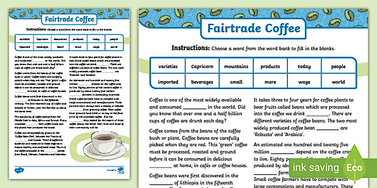 Fair Trade Coffee (Cloze Procedure). (teacher made) - Twinkl