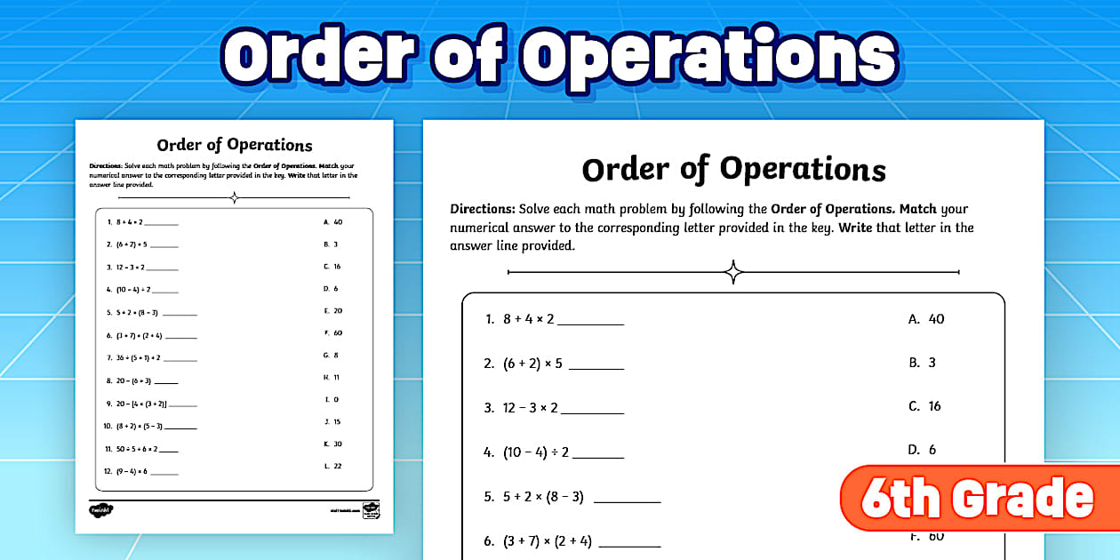 Sixth Grade Math Basic Skills Order of Operations Practice Worksheet