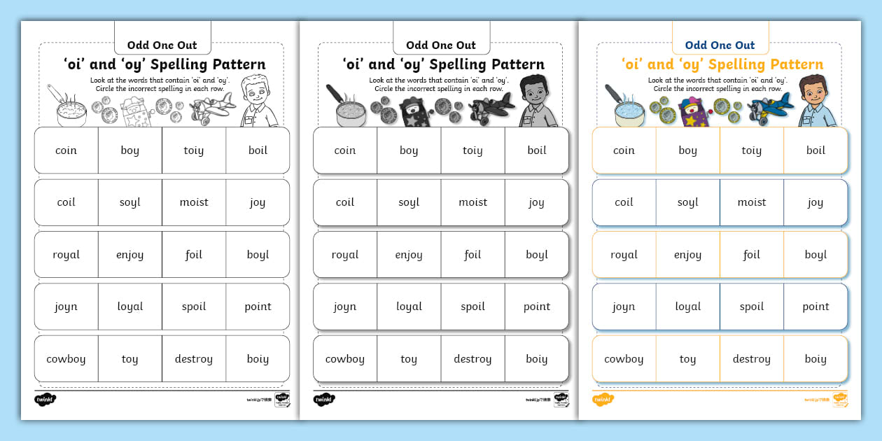 'oi' or 'oy' Spelling Pattern Odd One Out Worksheet
