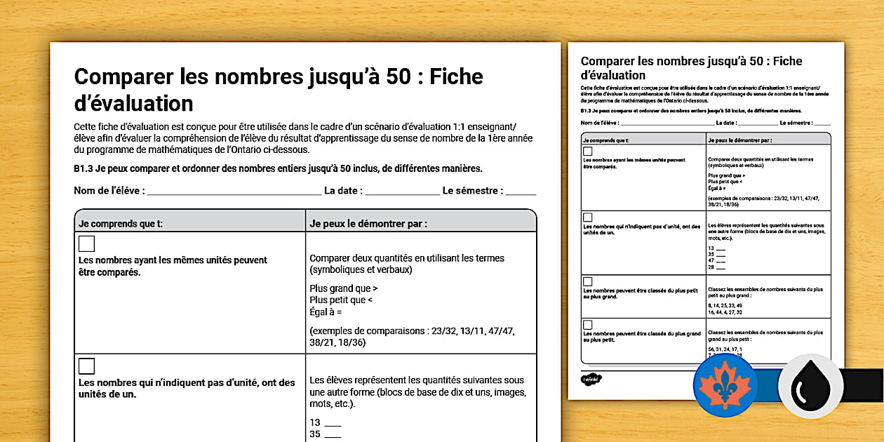 Comparing Numbers to 50: Evaluation Sheet French - Twinkl