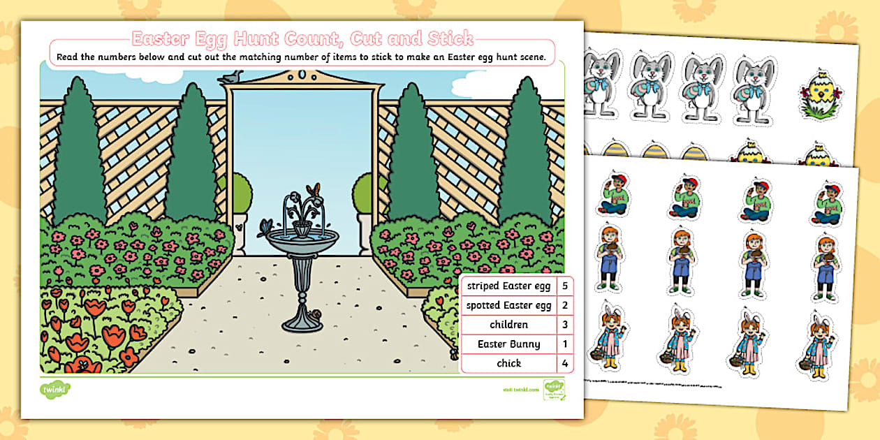 👉 Easter Egg Hunt Count, Cut and Stick Worksheet - Twinkl