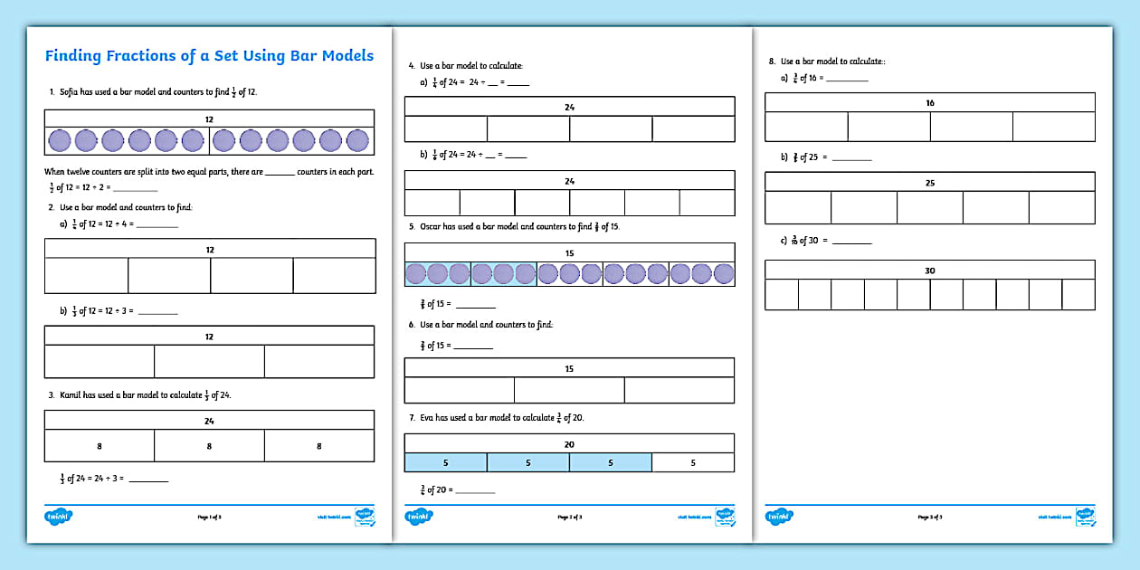 Fractions of a Set Bar Model Activity Sheet - Twinkl - KS2