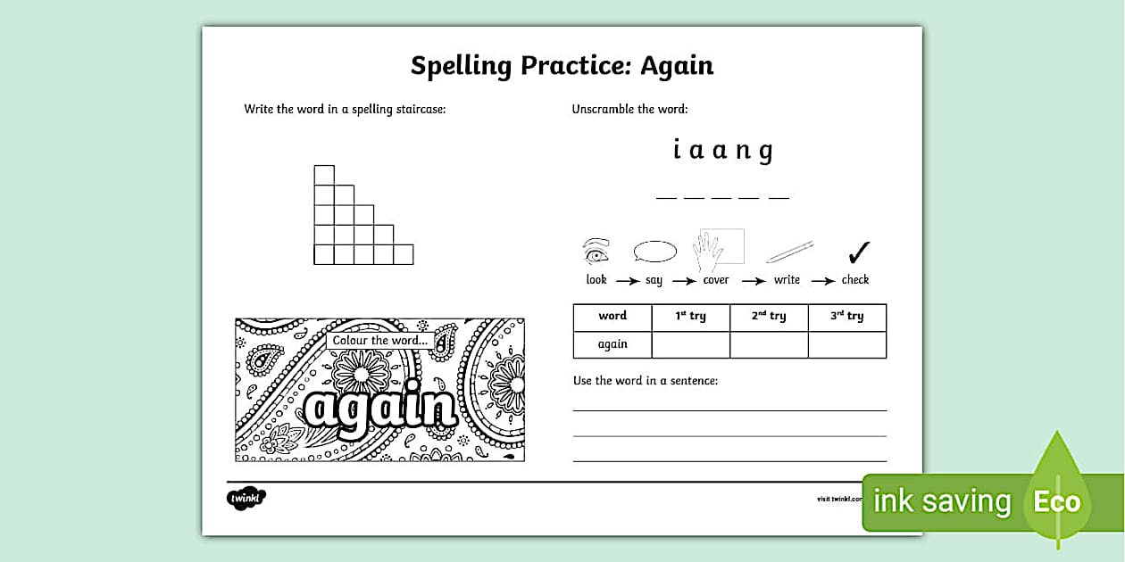 Again Spelling Practice Worksheet (Teacher-Made) - Twinkl