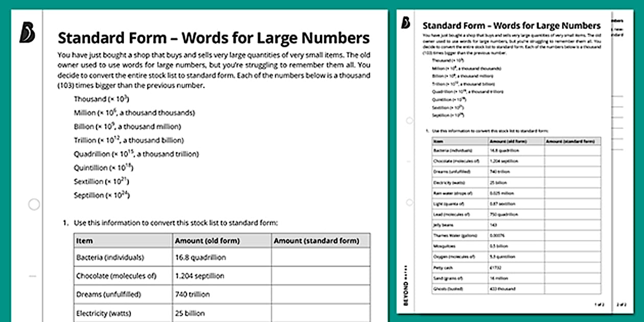 👉 Standard Form - Words for Large Numbers (teacher made)