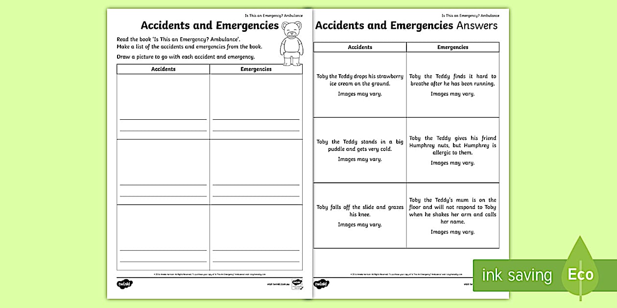 TAS Accidents and Emergencies Write and Draw Worksheet to Support ...