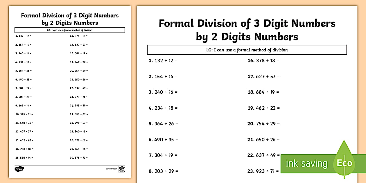 Formal Division of 3 Digit Numbers by 2 Digit Numbers Worksheet