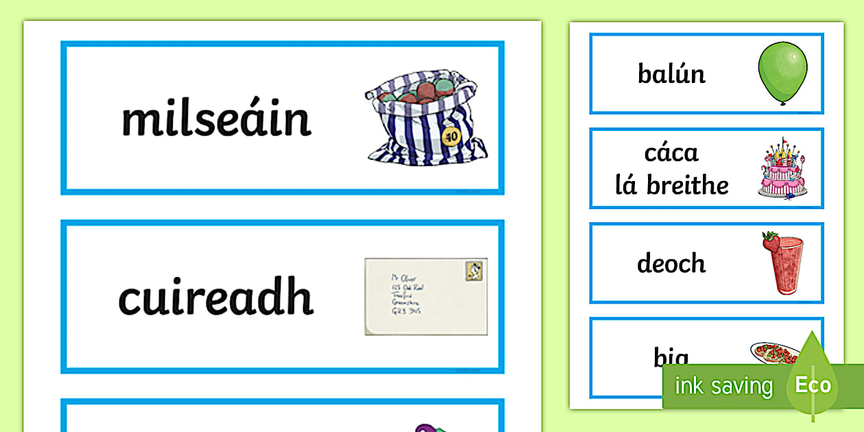 Birthday Topic Word Cards Gaeilge (teacher made) - Twinkl