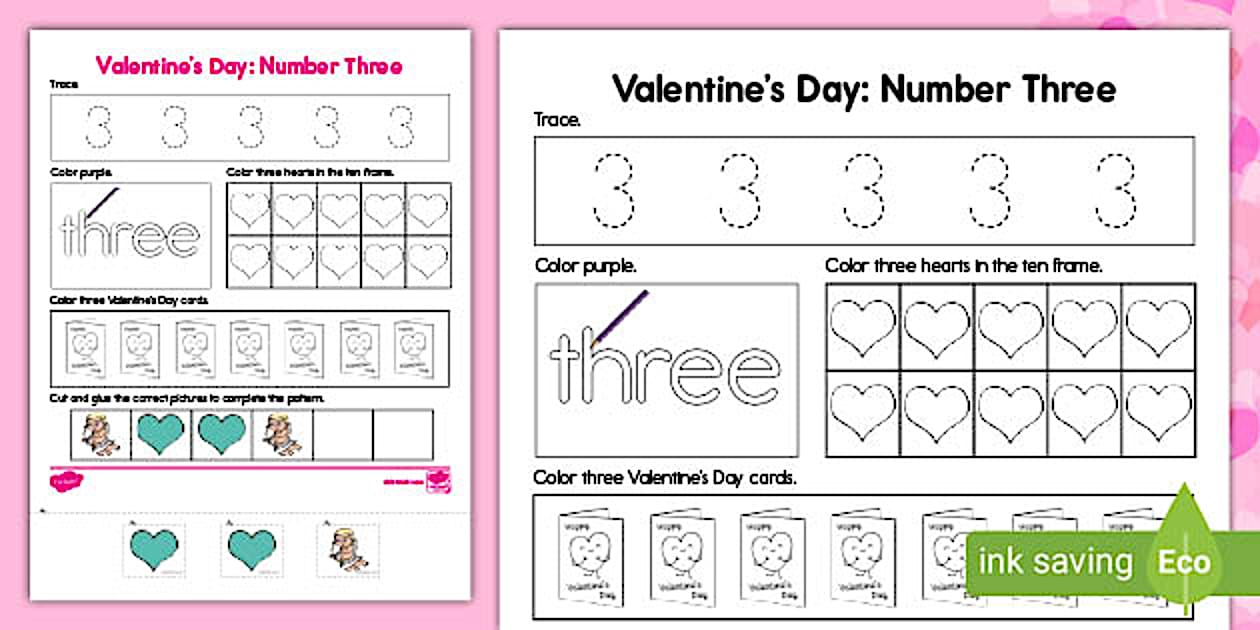 Valentine's Day Number Three Worksheet | Math | Pre-K