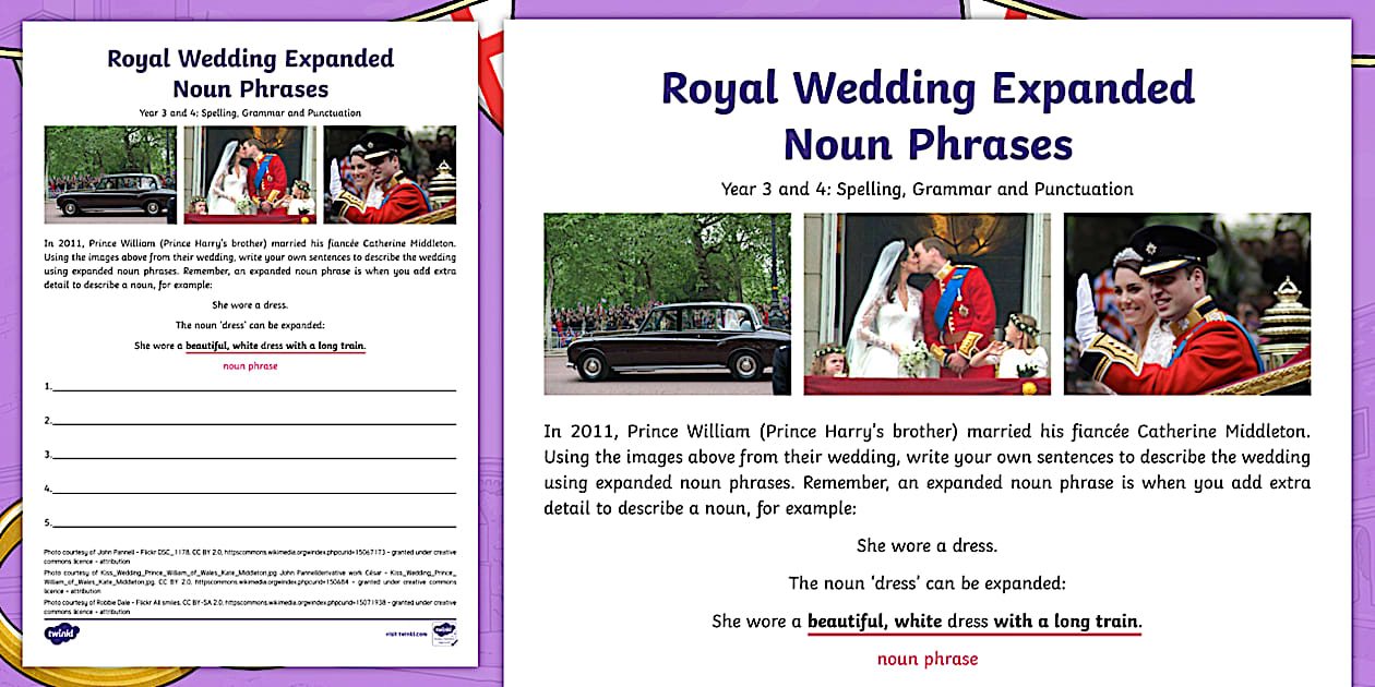 Royal Wedding Expanded Noun Phrases Worksheet - Twinkl