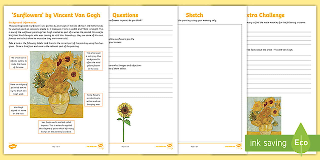 Editable Sunflowers by Van Gogh Art Appreciation Worksheet