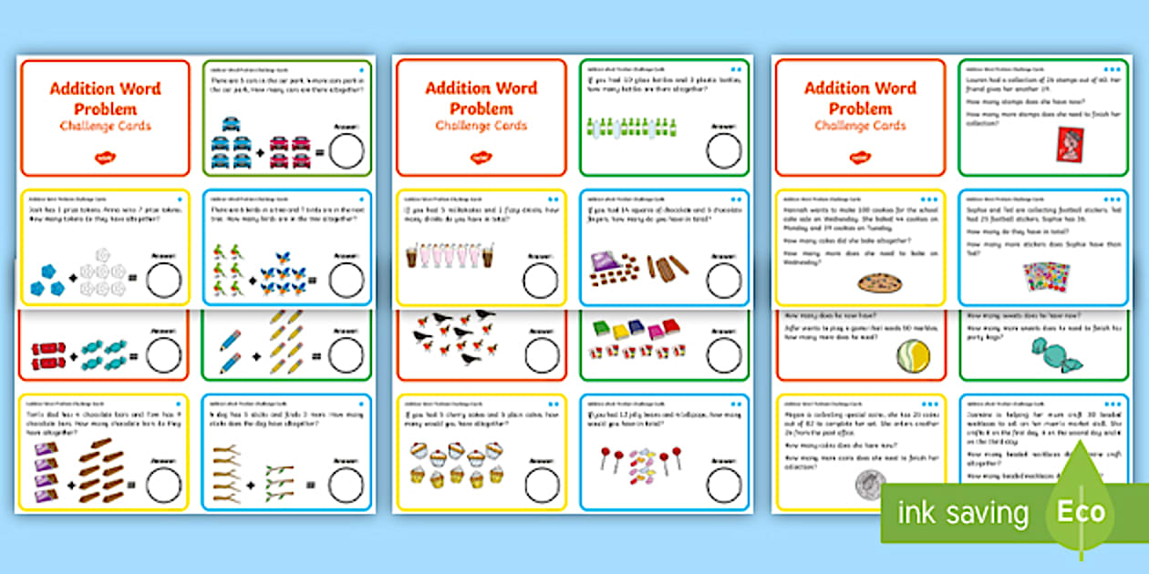Lower Ability Addition Word Problem Challenge Cards - Twinkl