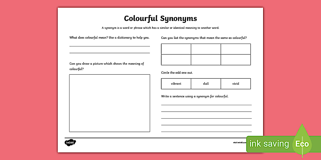 Colourful Synonyms Worksheet (teacher made) - Twinkl